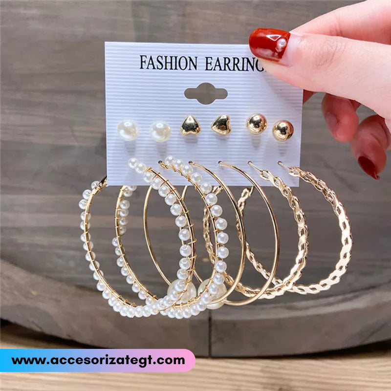 Set de Aretes y Argollas Decoradas con Perlas, Oro [AR1555 ...